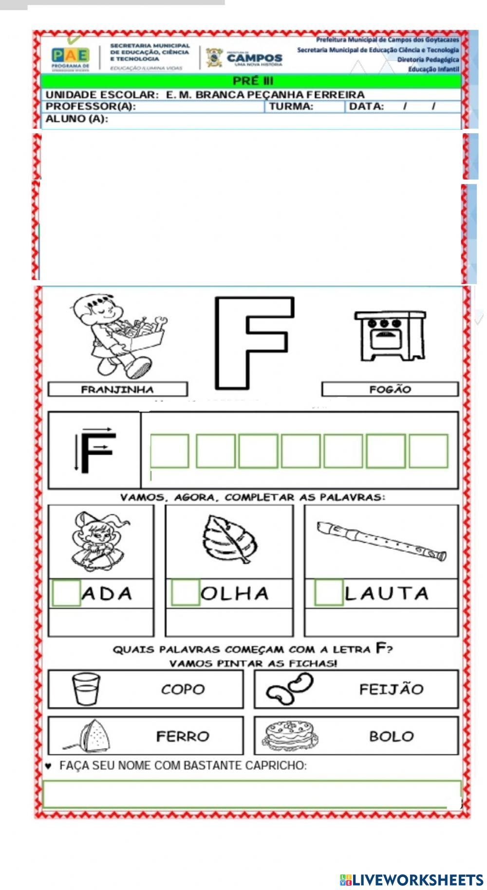 Letra f interactive exercise for EDUCAÇÃO INFANTIL | Live Worksheets