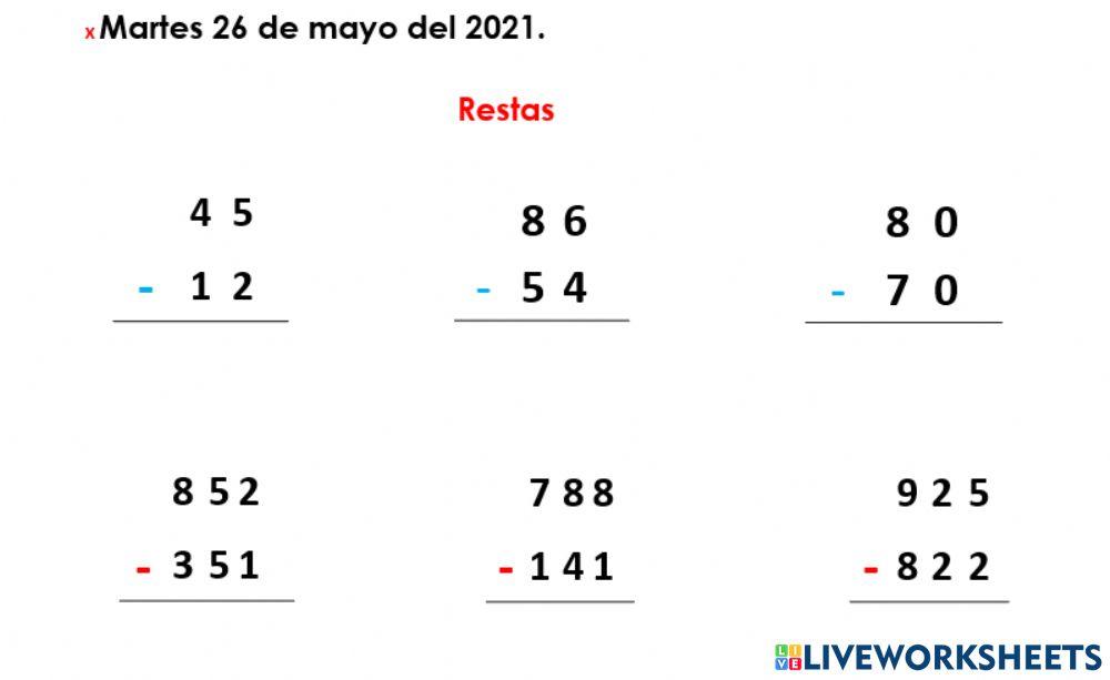 Restas simples online activity | Live Worksheets
