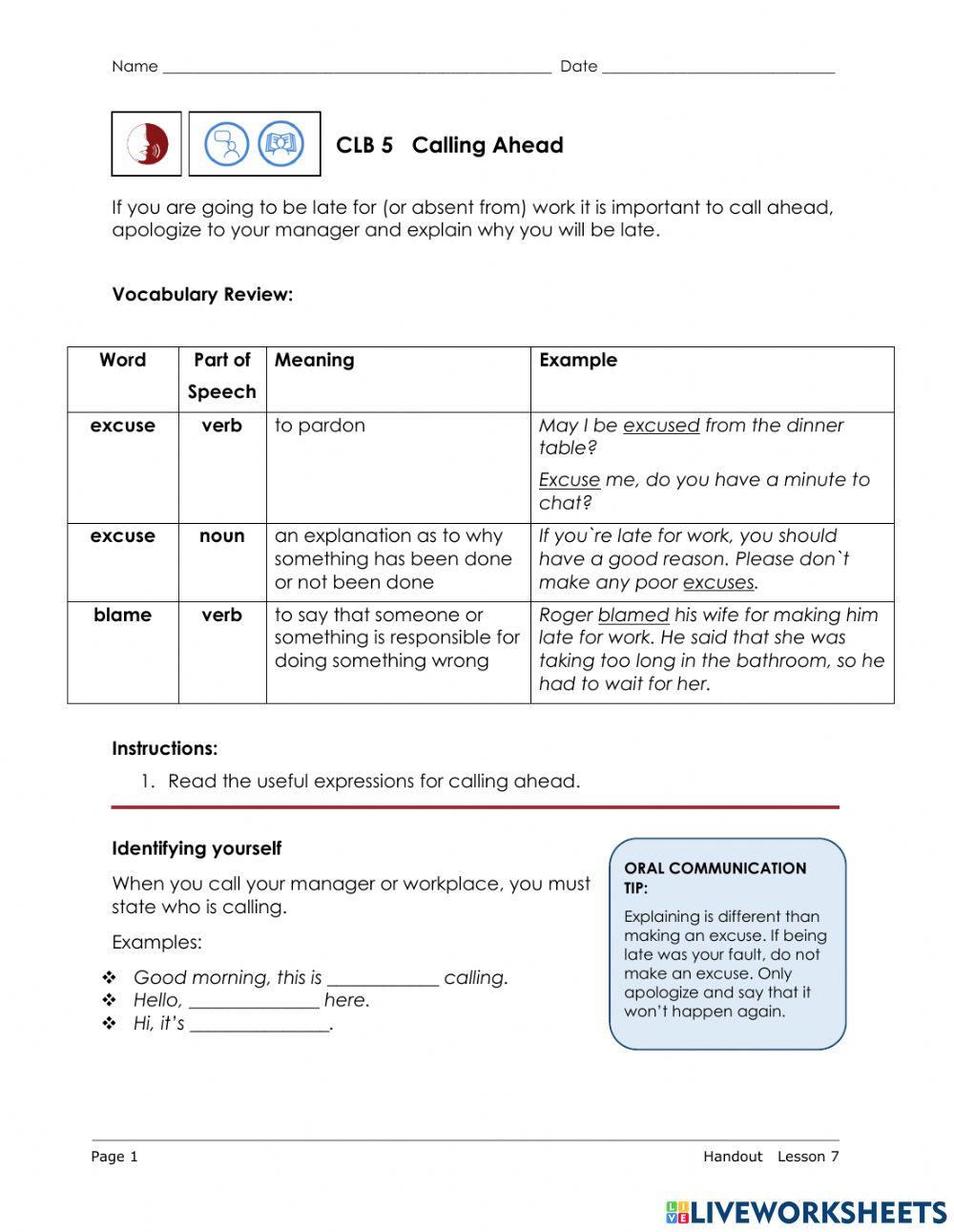 Calling in if Y… | Free Interactive Worksheets | 1033098