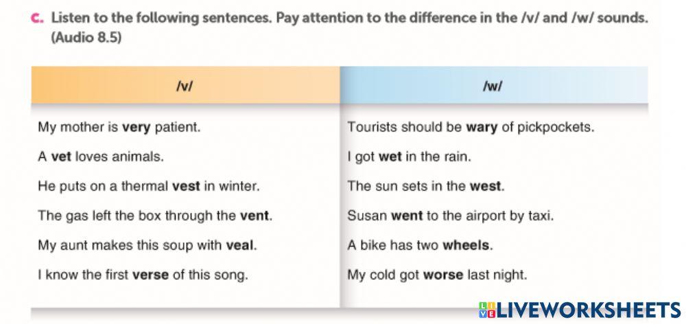 -w-v- sound pronounciation activity online exercise for | Live Worksheets