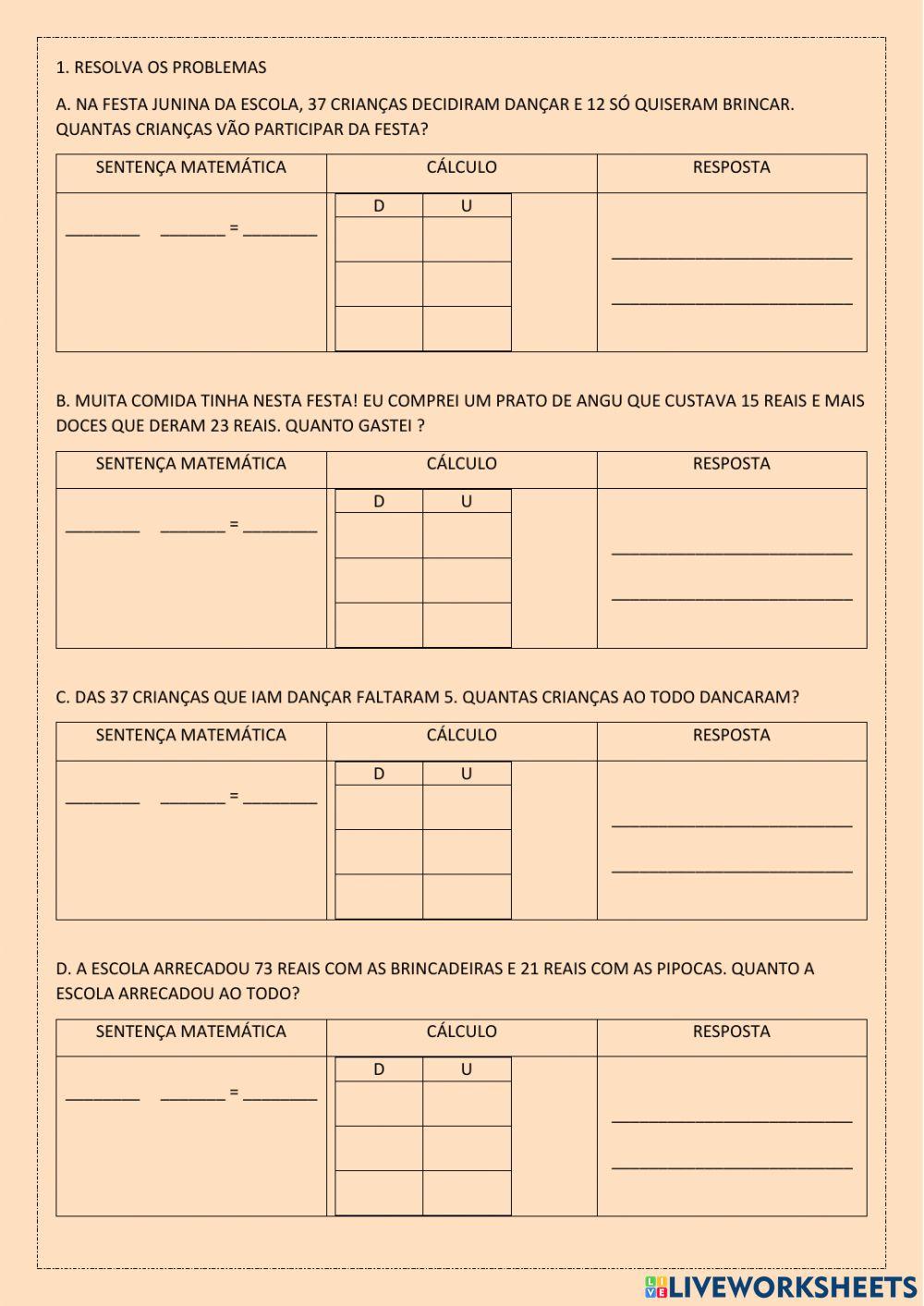 Problema de matemática interactive worksheet | Live Worksheets
