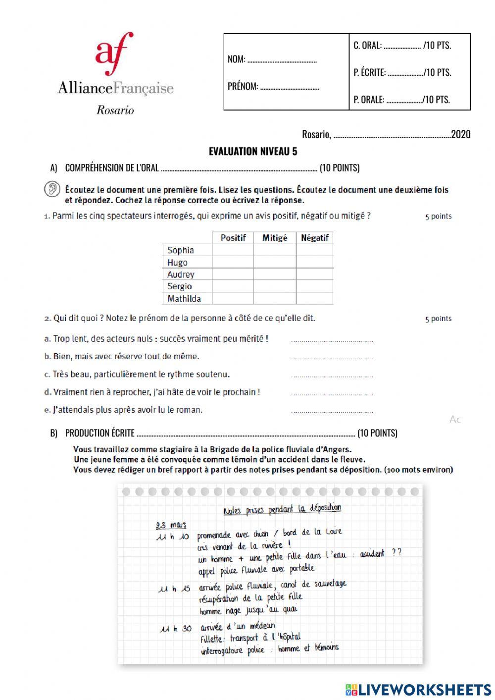 Évaluation -Niveau 5 worksheet | Live Worksheets