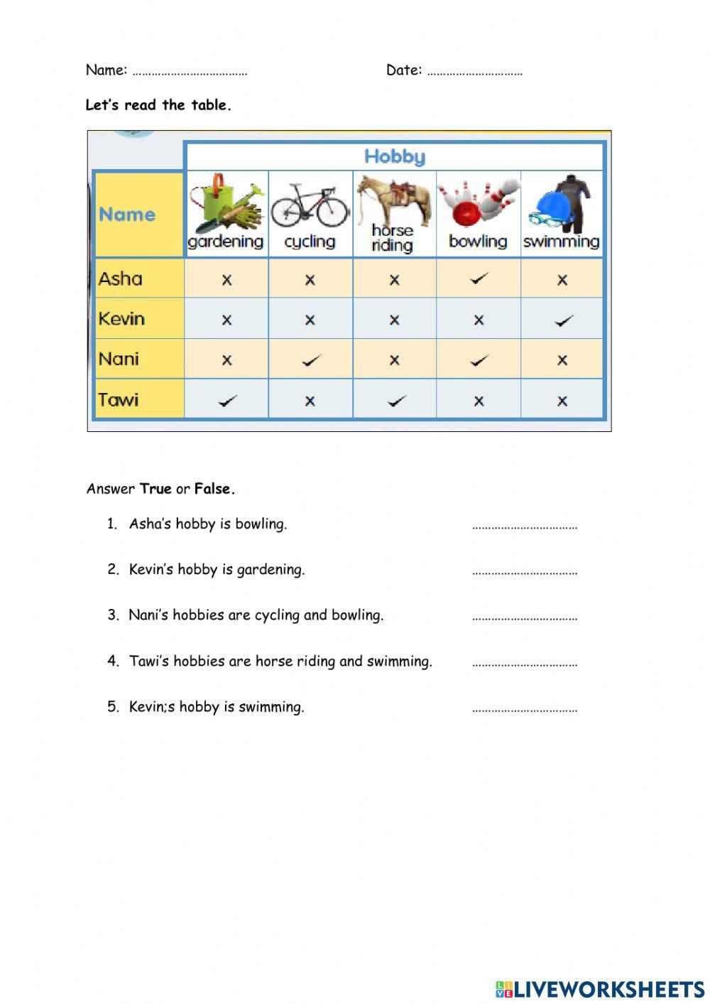 Hobbies | Free Interactive Worksheets | 1034547
