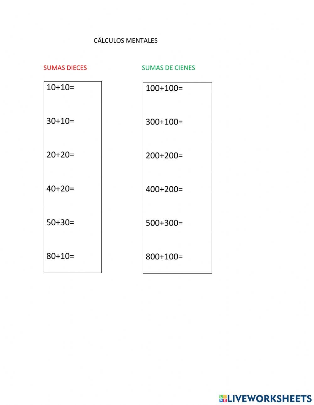 Pdf online exercise: Cálculos mentales | Live Worksheets