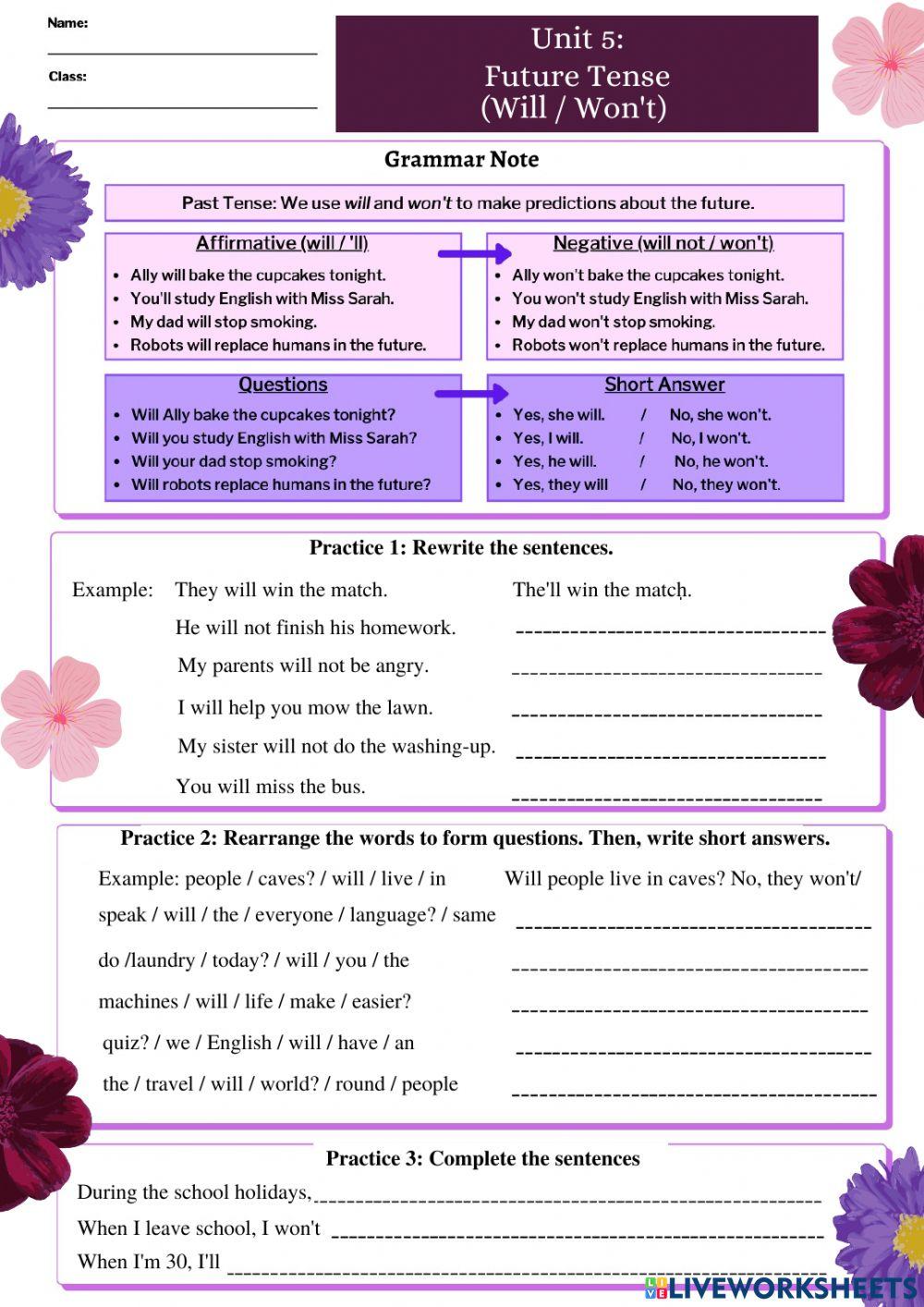 Present future tense (will - won't) interactive worksheet | Live Worksheets
