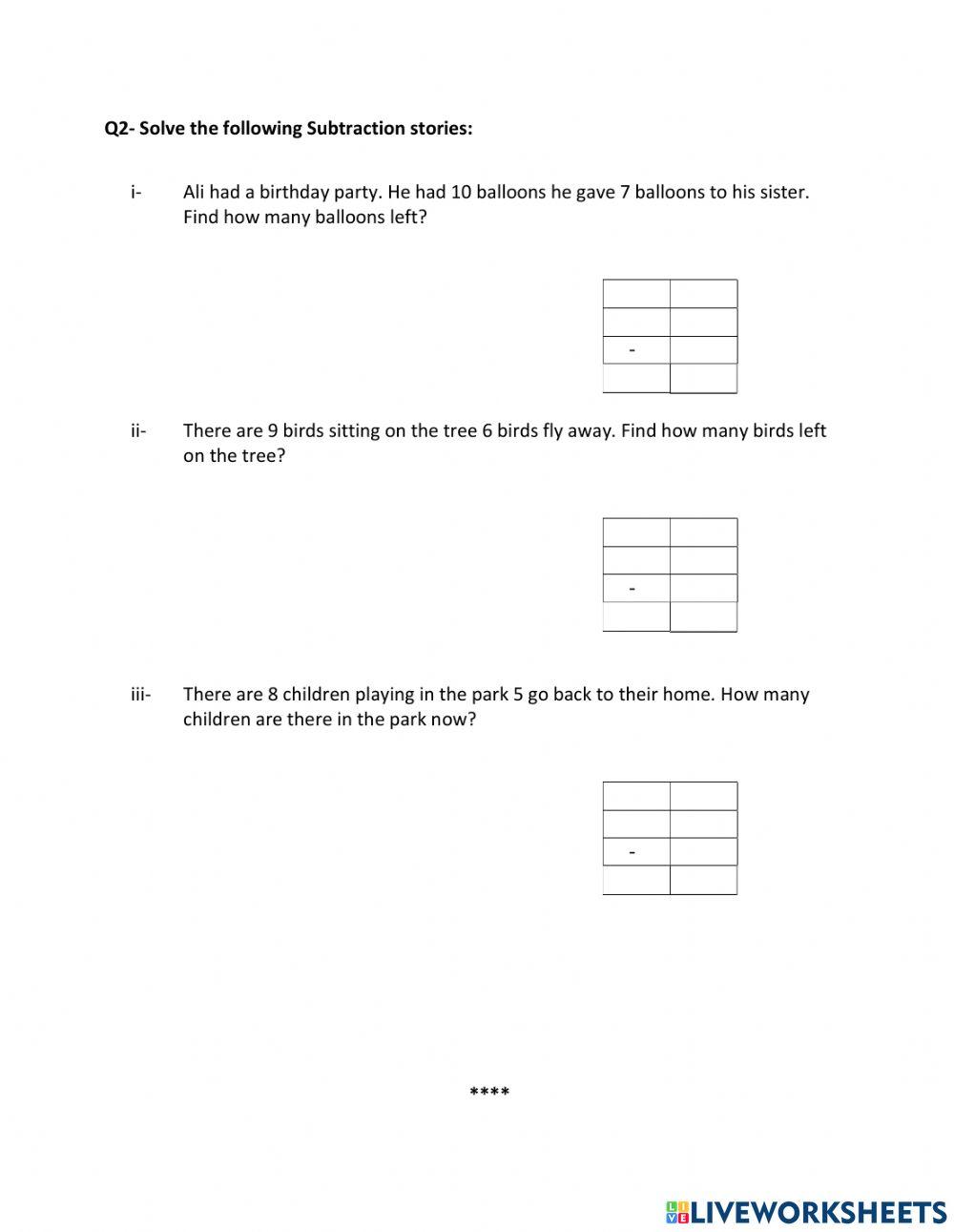 SUBTRACTION STORIES AND PRACTICE QUESTIONS online exercise for | Live ...