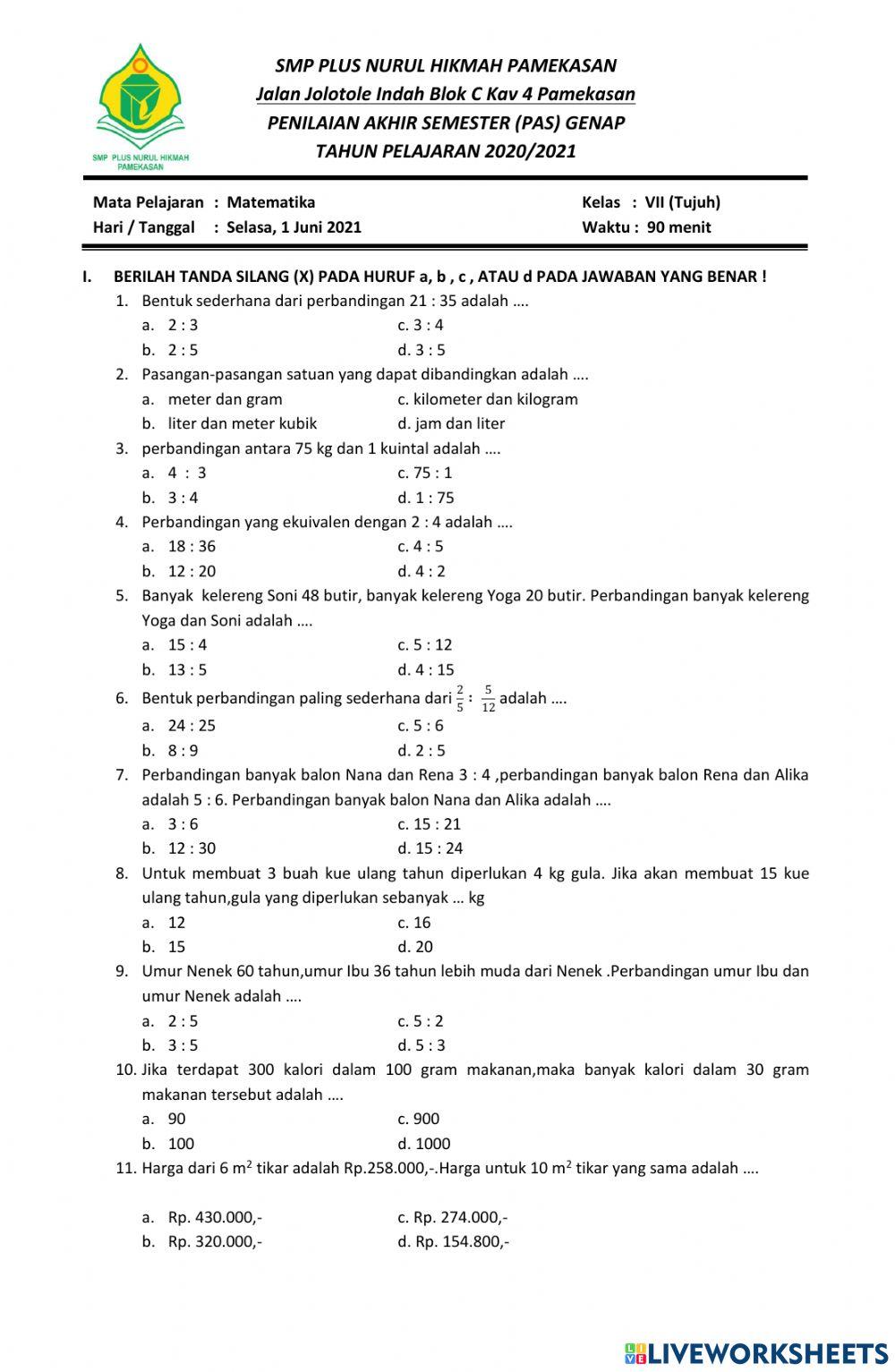 PAT MTK kls 7-2021 worksheet | Live Worksheets