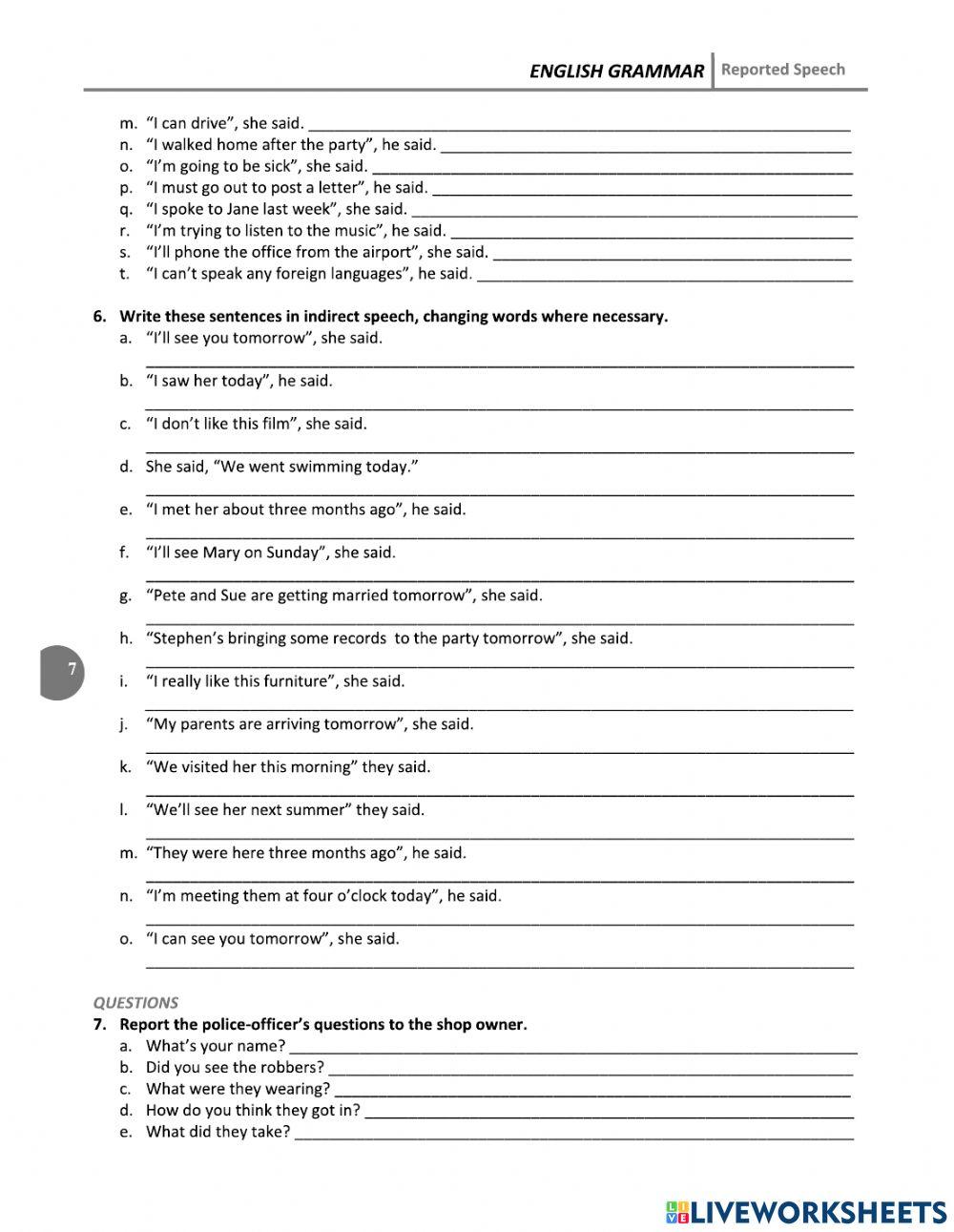 reported speech 9 grade online exercise for | Live Worksheets