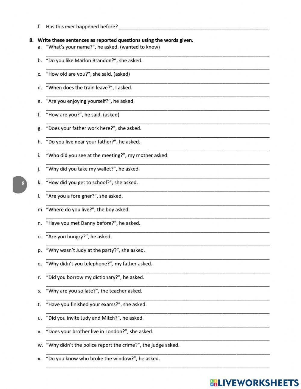 reported speech 9 grade online exercise for | Live Worksheets