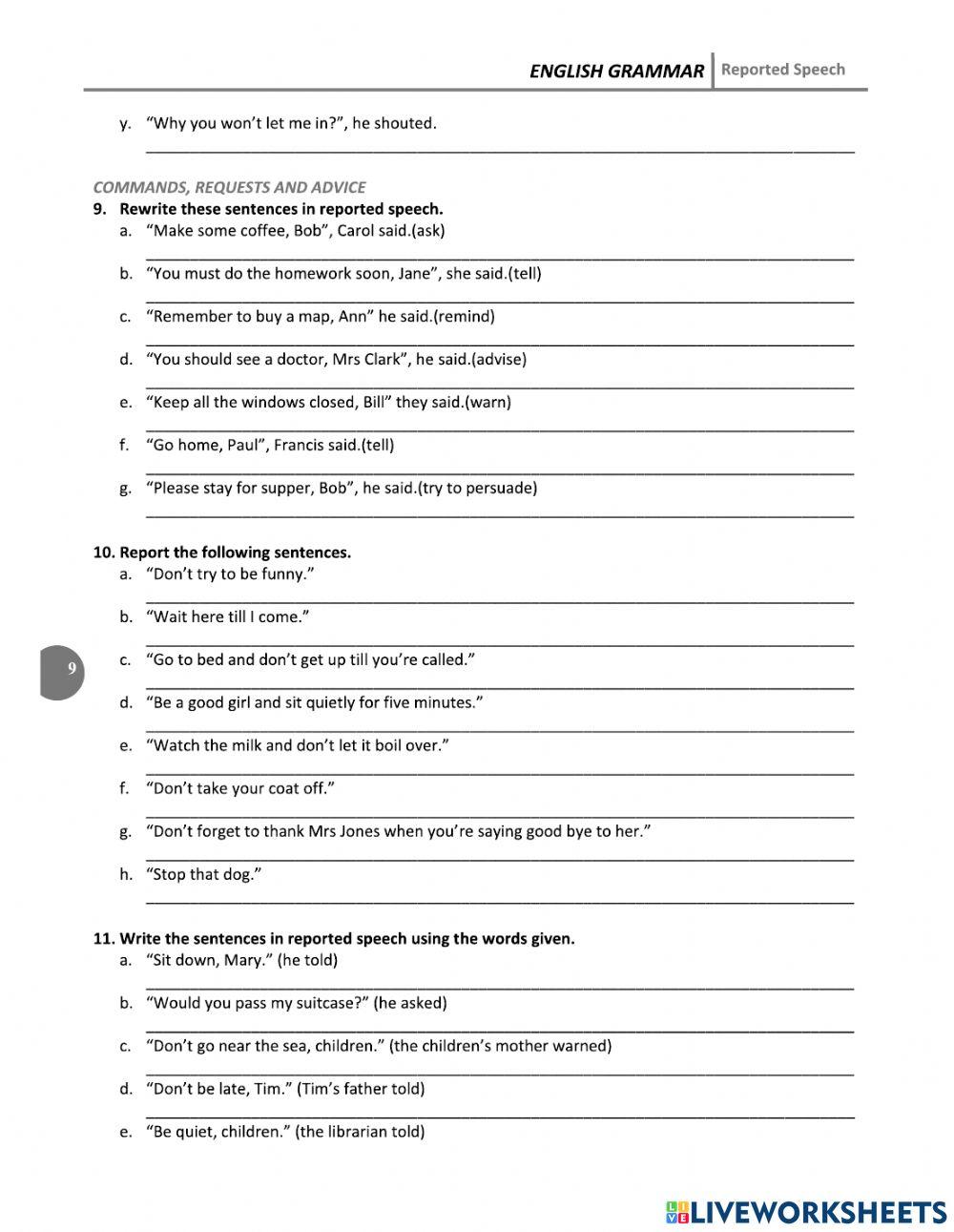reported speech 9 grade online exercise for | Live Worksheets