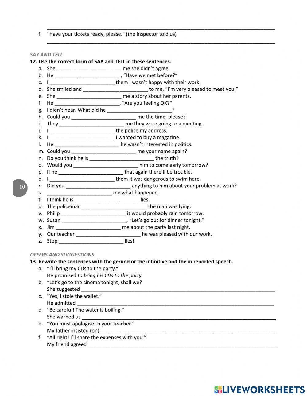 reported speech 9 grade online exercise for | Live Worksheets