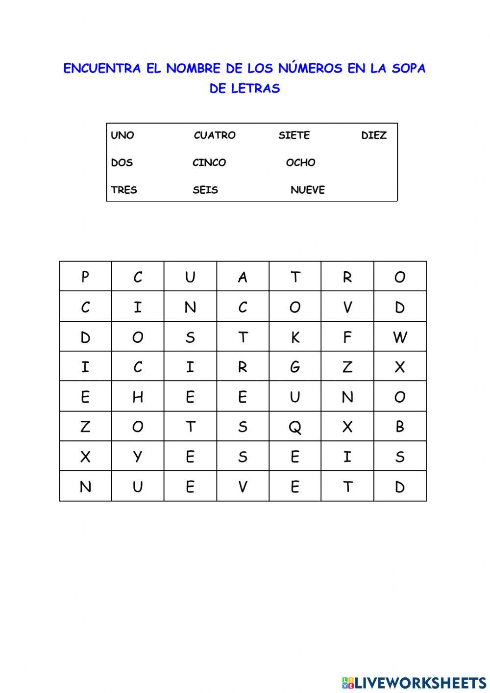 Nombre de los números activity | Live Worksheets