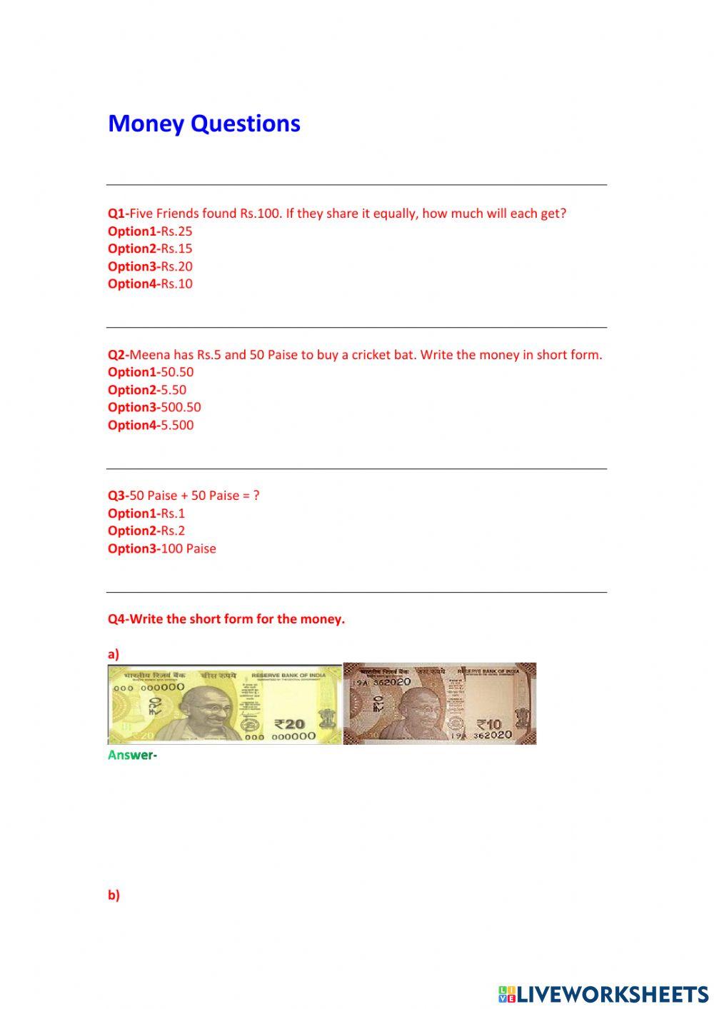 Money Worksheet online activity | Live Worksheets