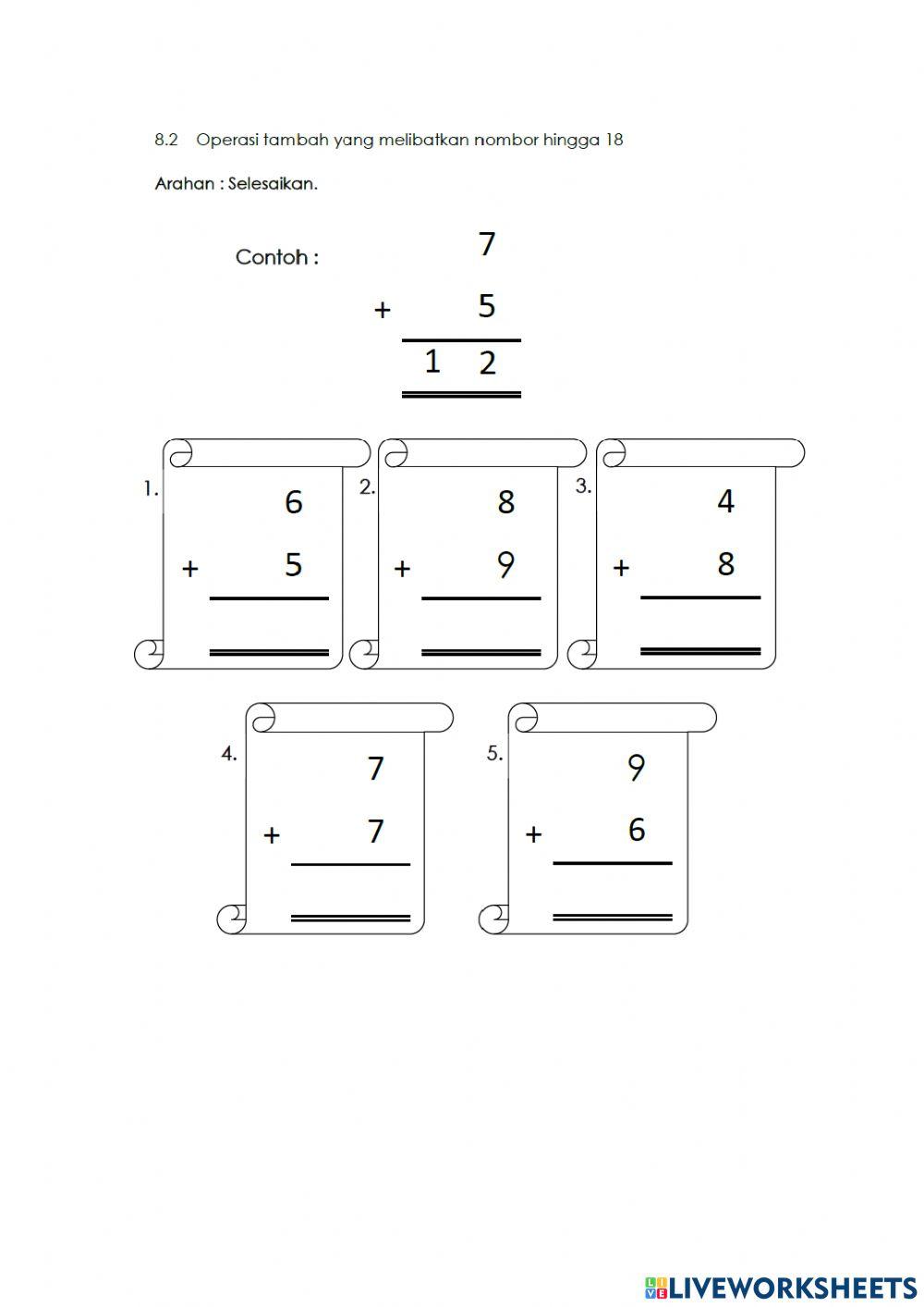 Operasi tambah online worksheet for PEMULIHAN KHAS | Live Worksheets