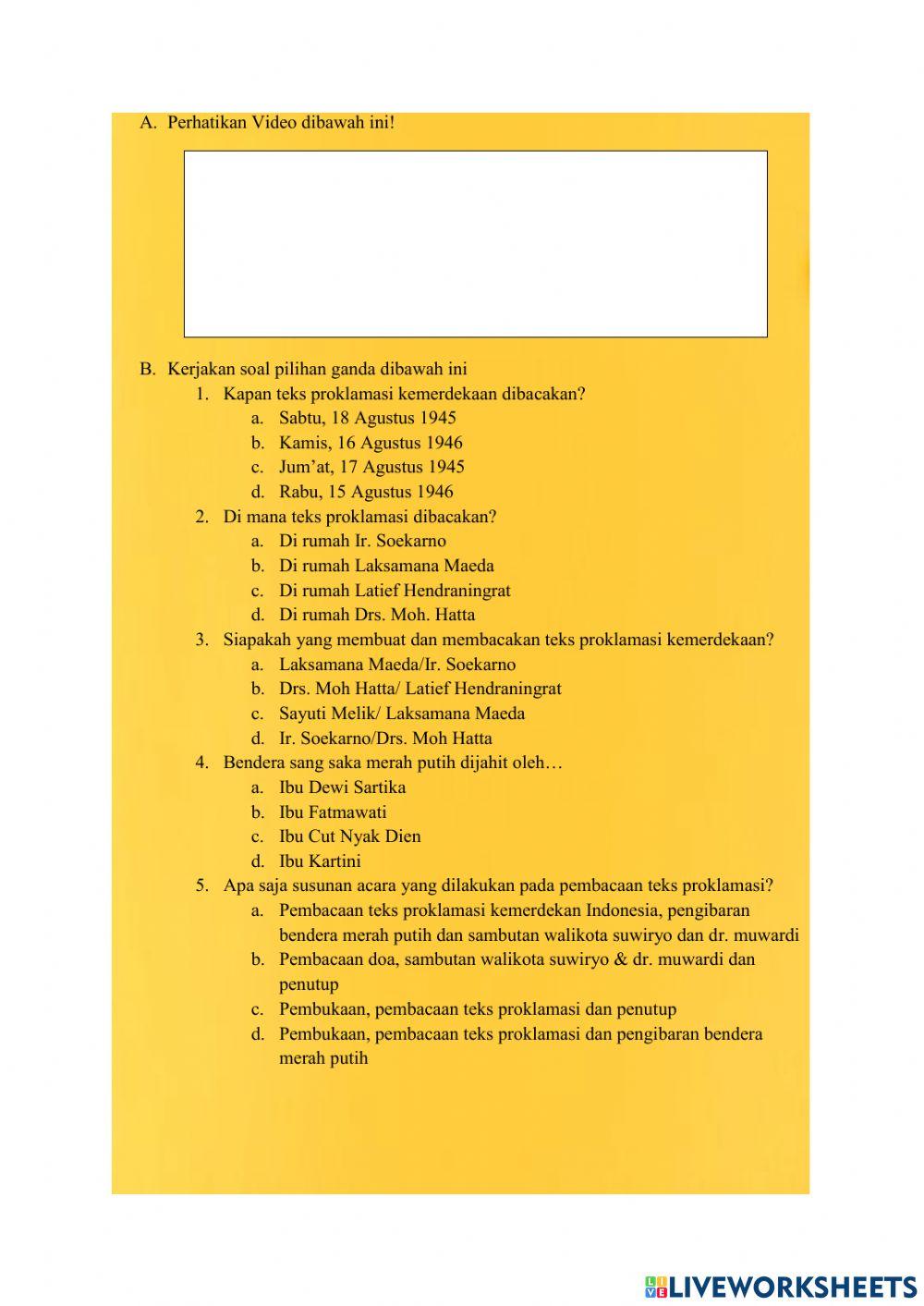 Peristiwa Pembacaan Teks Proklamasi worksheet | Live Worksheets