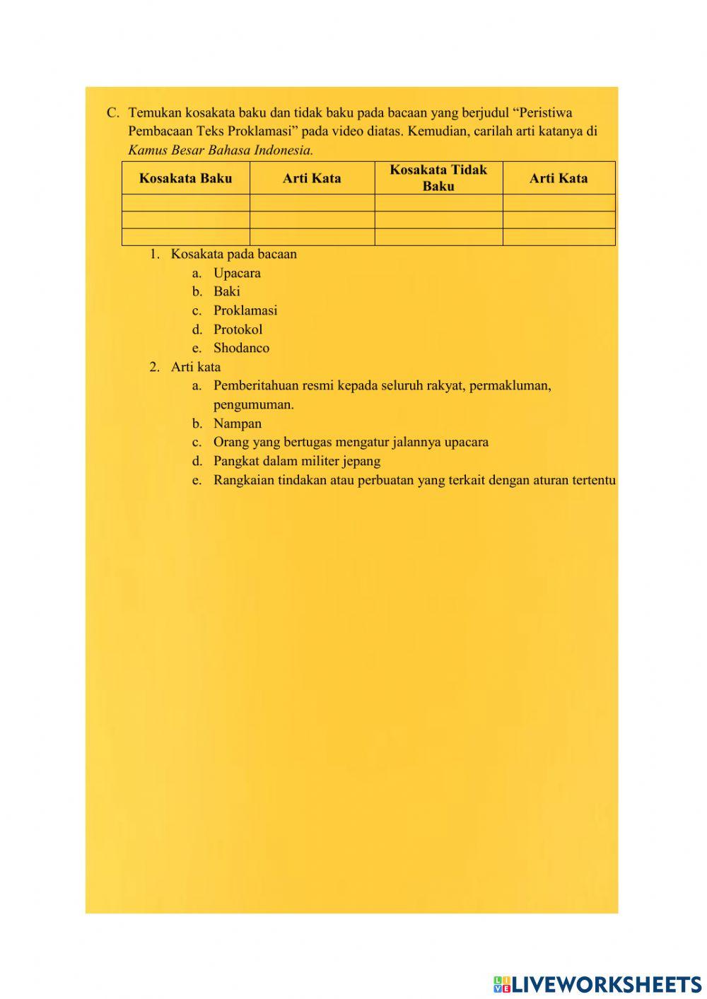 Peristiwa Pembacaan Teks Proklamasi worksheet | Live Worksheets