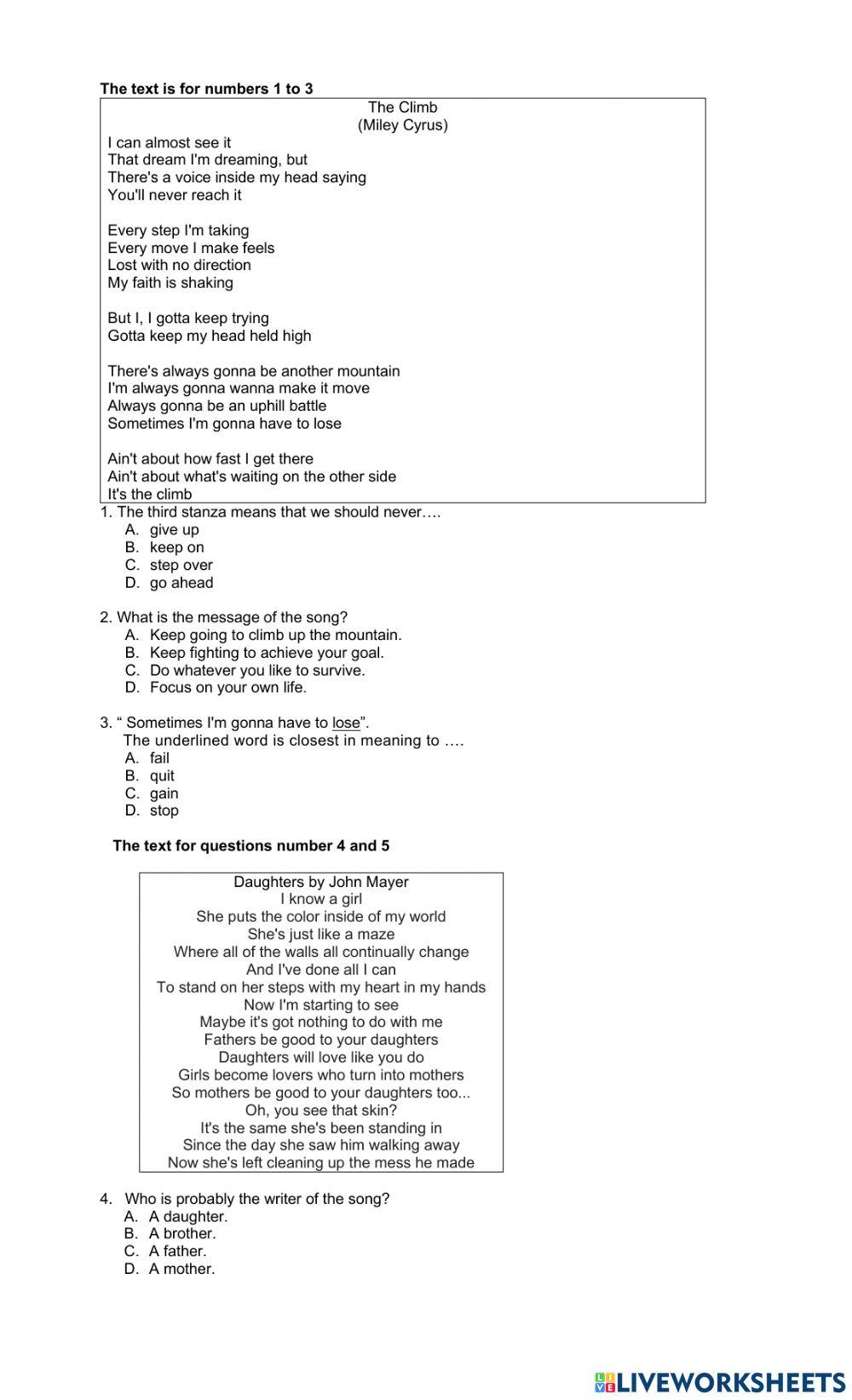 Song online exercise for VIII | Live Worksheets