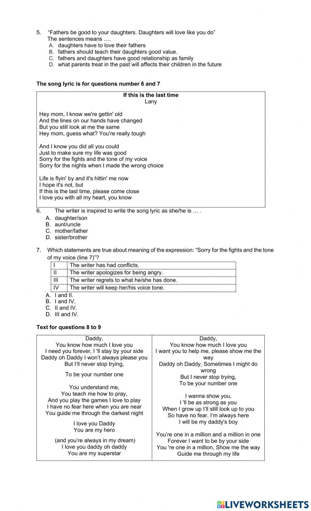 Song online exercise for VIII | Live Worksheets