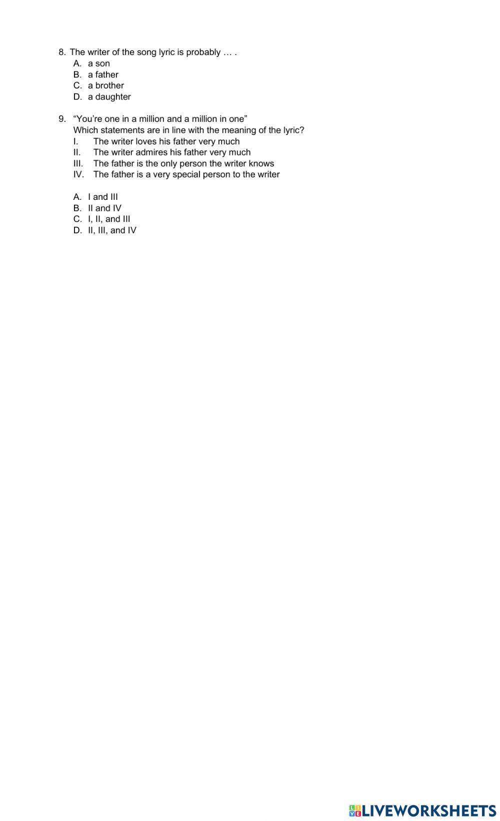 Song online exercise for VIII | Live Worksheets