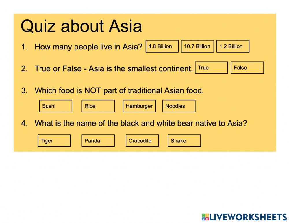 Quiz on Asia worksheet | Live Worksheets