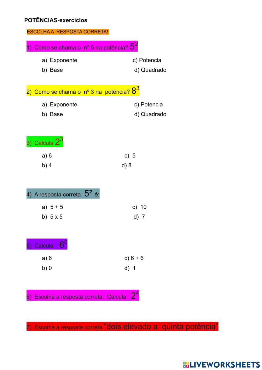 EXERCÍCIOS DE POTENCIAÇÃO online exercise for | Live Worksheets