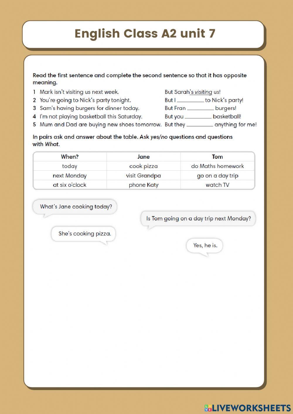Liveworksheets English Class A1+ Unit 7 Liveworksheets English Class A1+ Unit 7