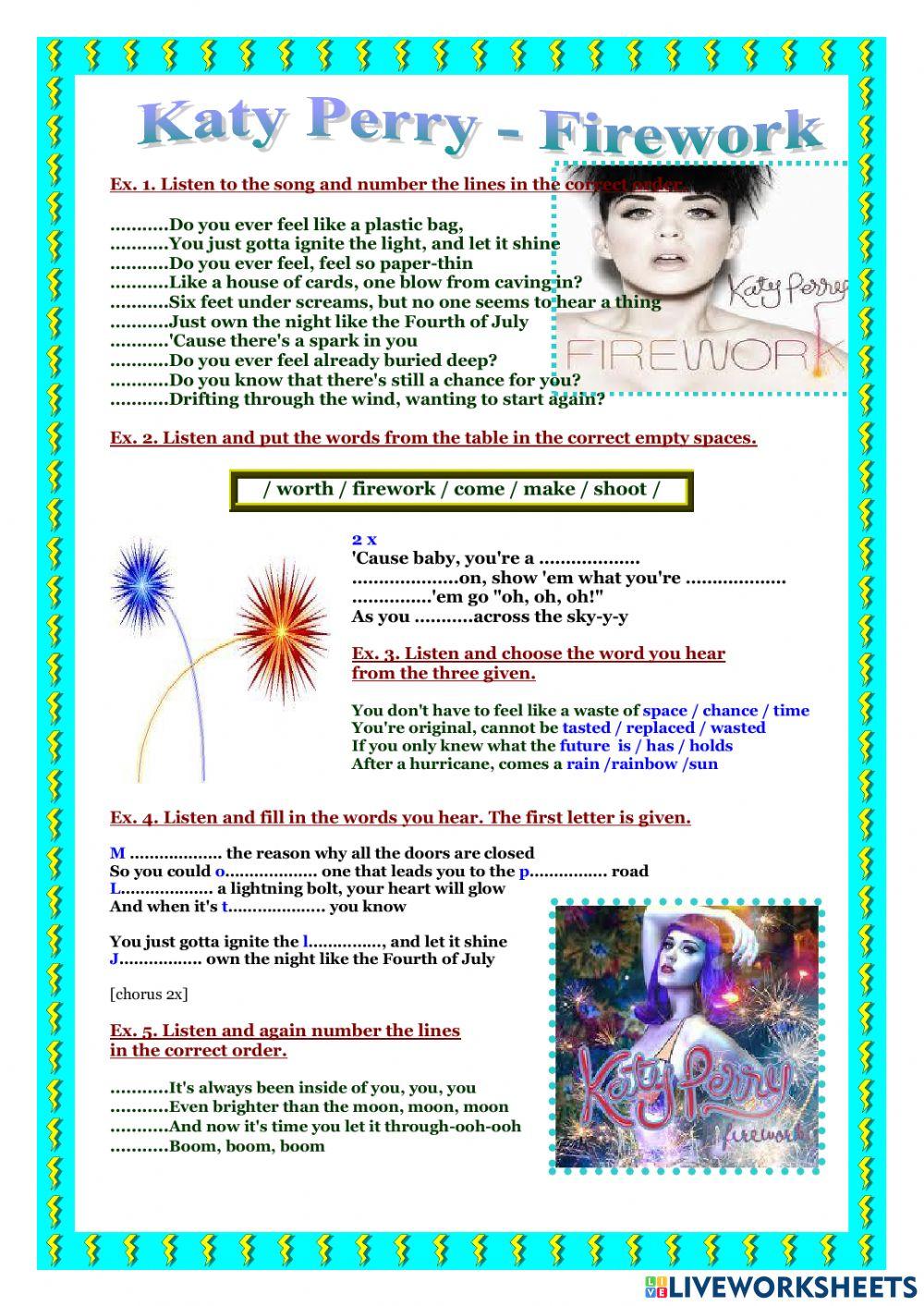 Firework- Katy Perry online exercise for | Live Worksheets
