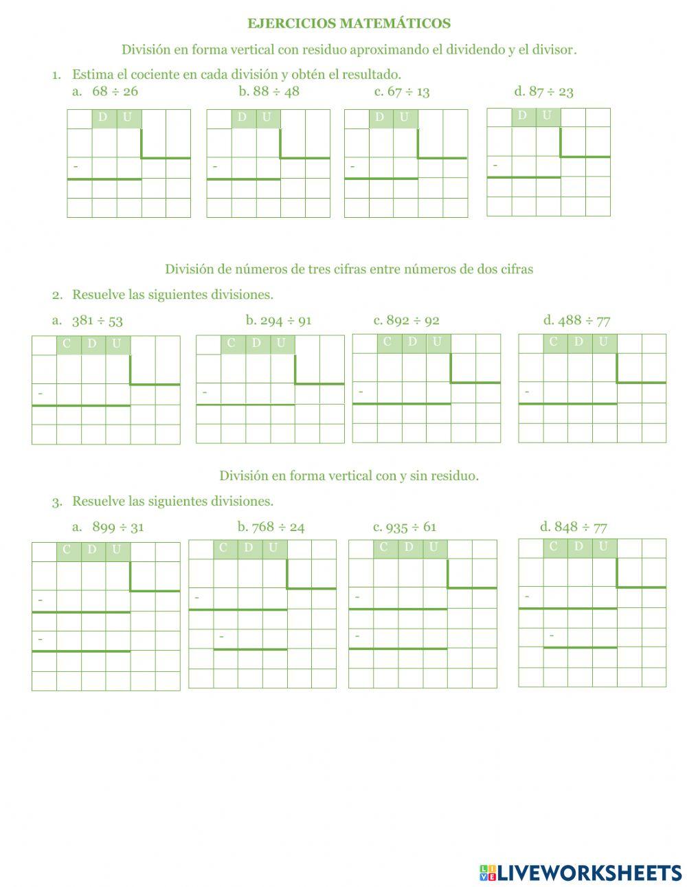 División en for… | Free Interactive Worksheets | 1040642