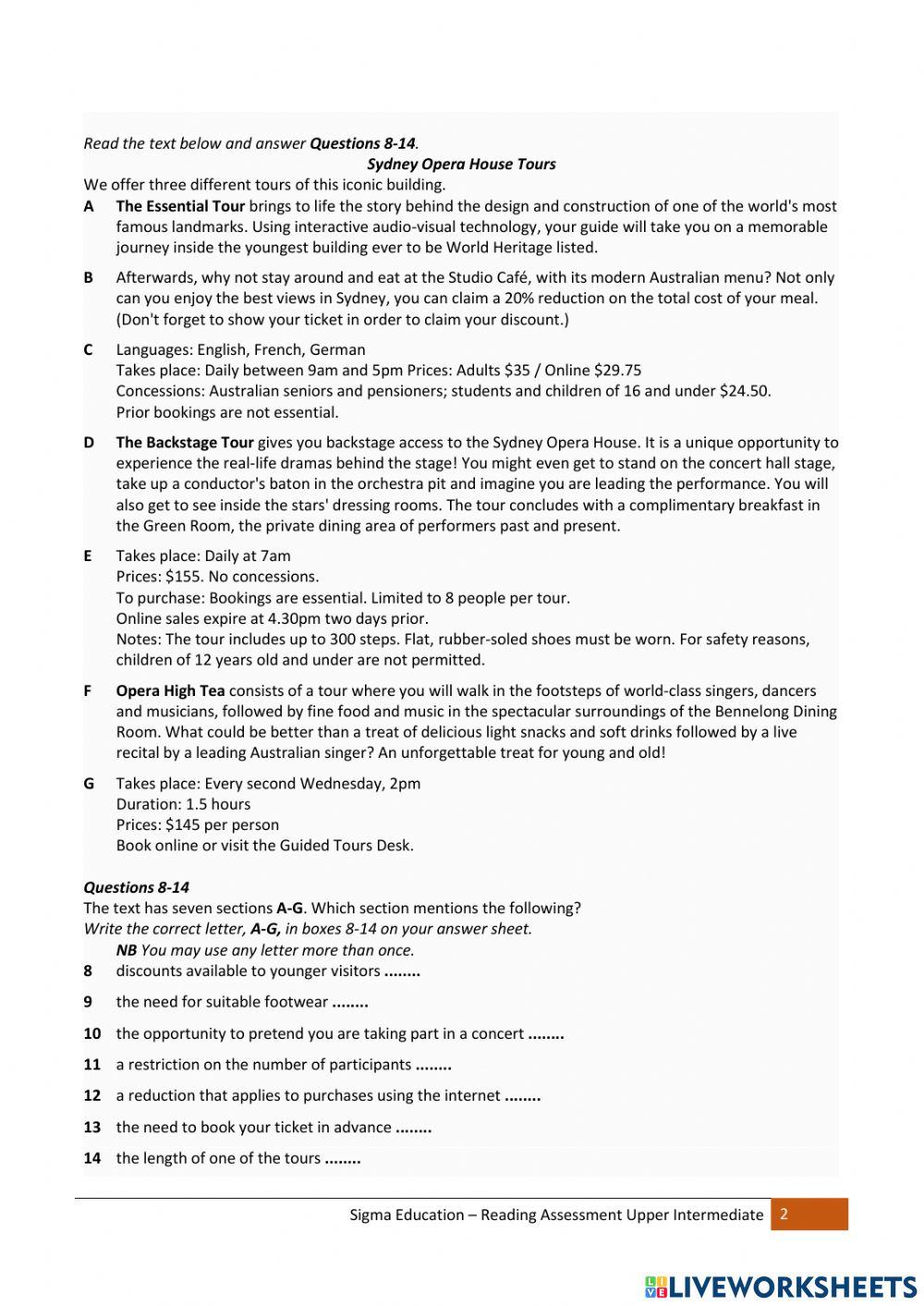 S1 Upper Intermediate Reading Assessment online exercise for | Live ...