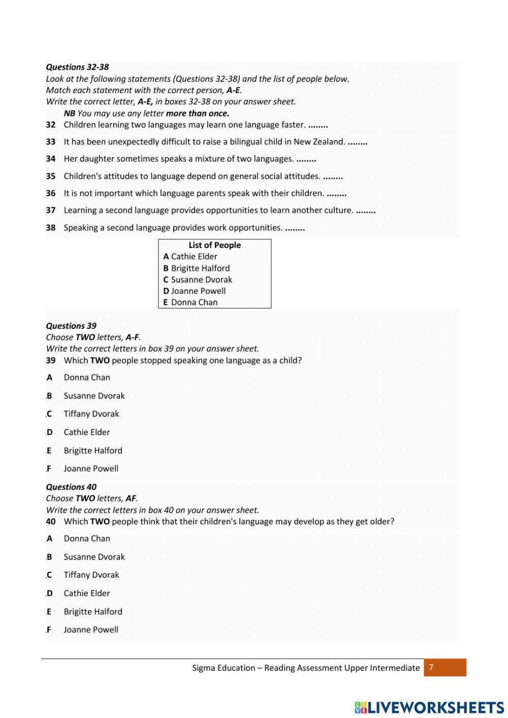 S1 Upper Intermediate Reading Assessment online exercise for | Live ...