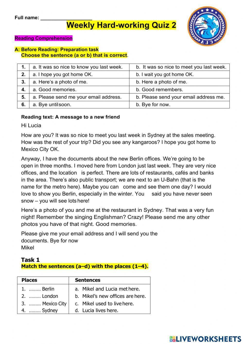 Weekly Champion Quiz 2 worksheet | Live Worksheets