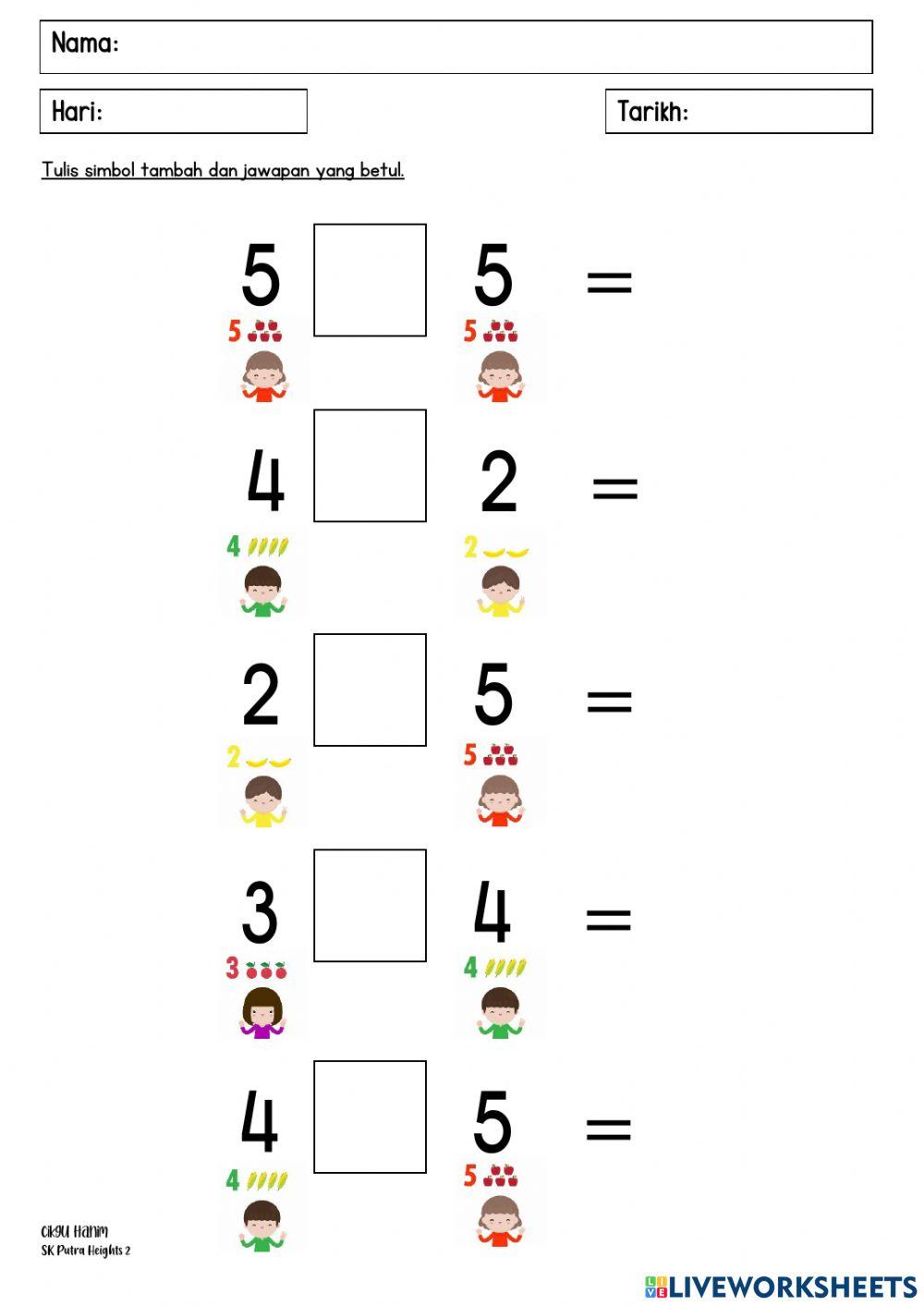 Simbol Matematik Operasi Tambah worksheet | Live Worksheets