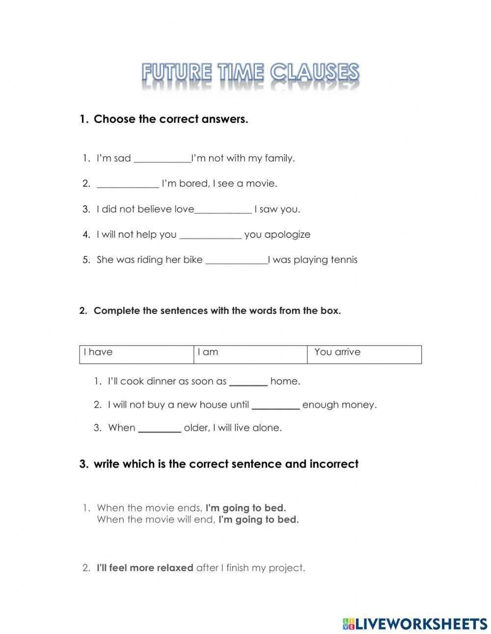 Future time clauses online worksheet for eleventh | Live Worksheets