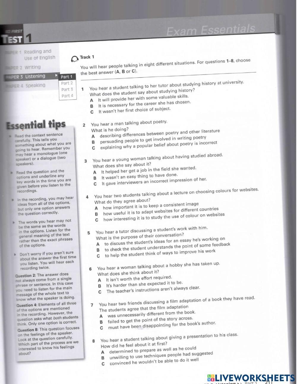 EE2 B2 TEST listening test 1 online exercise for | Live Worksheets