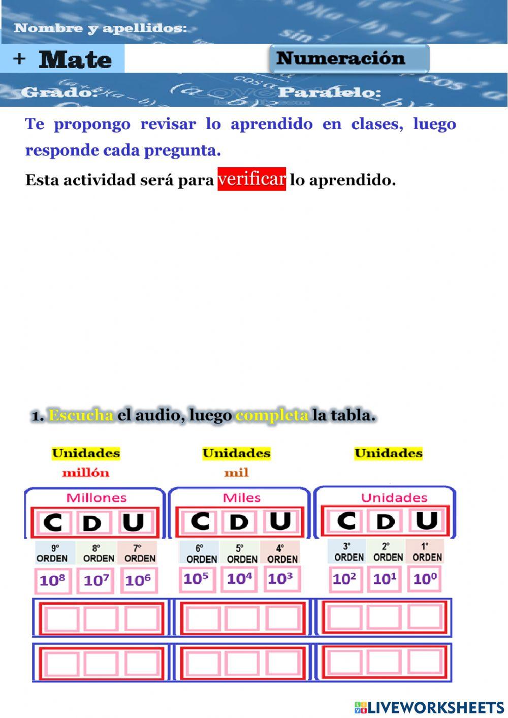 Numeración. Valor posicional. worksheet | Live Worksheets