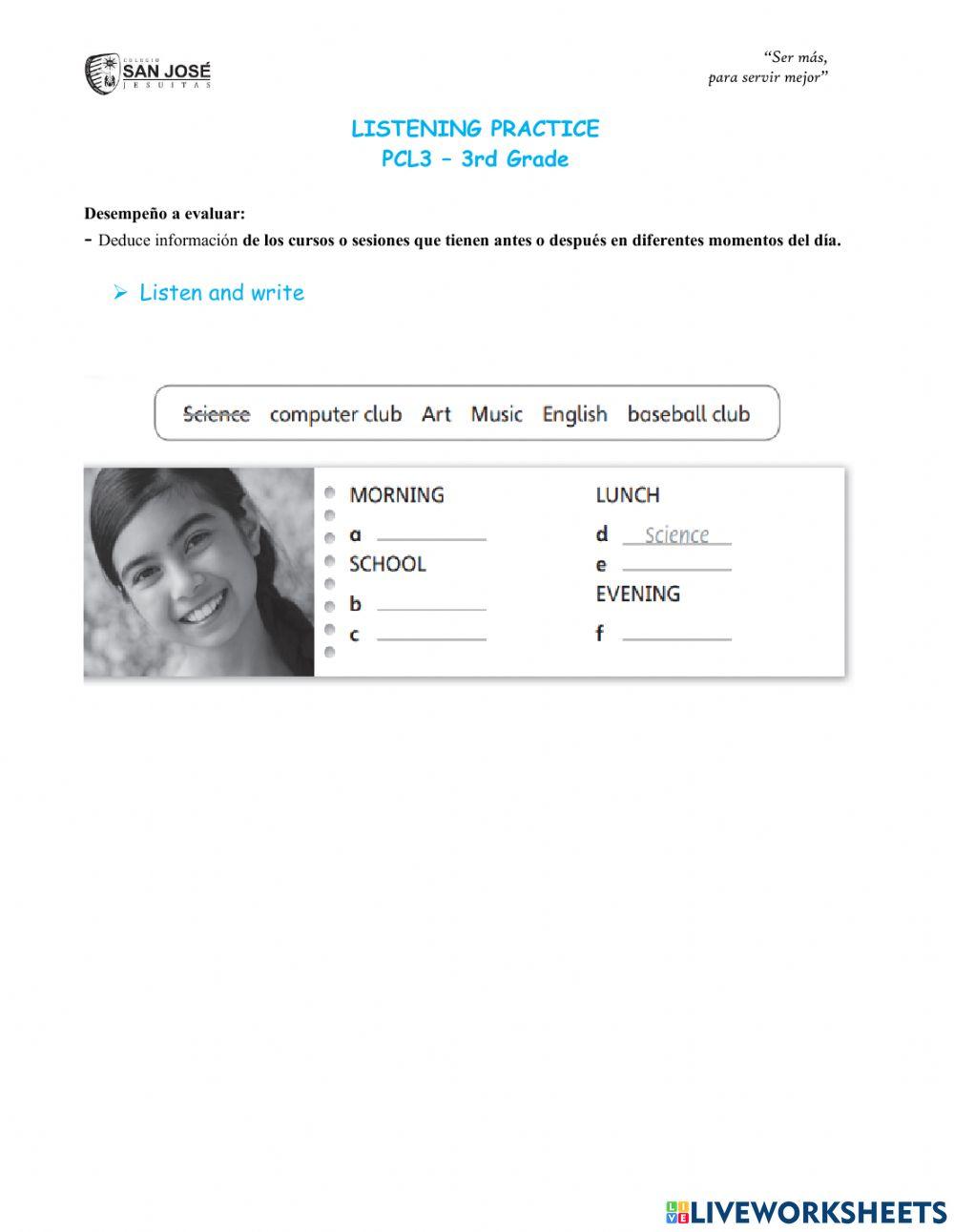 Listening subjects and clubs worksheet | Live Worksheets