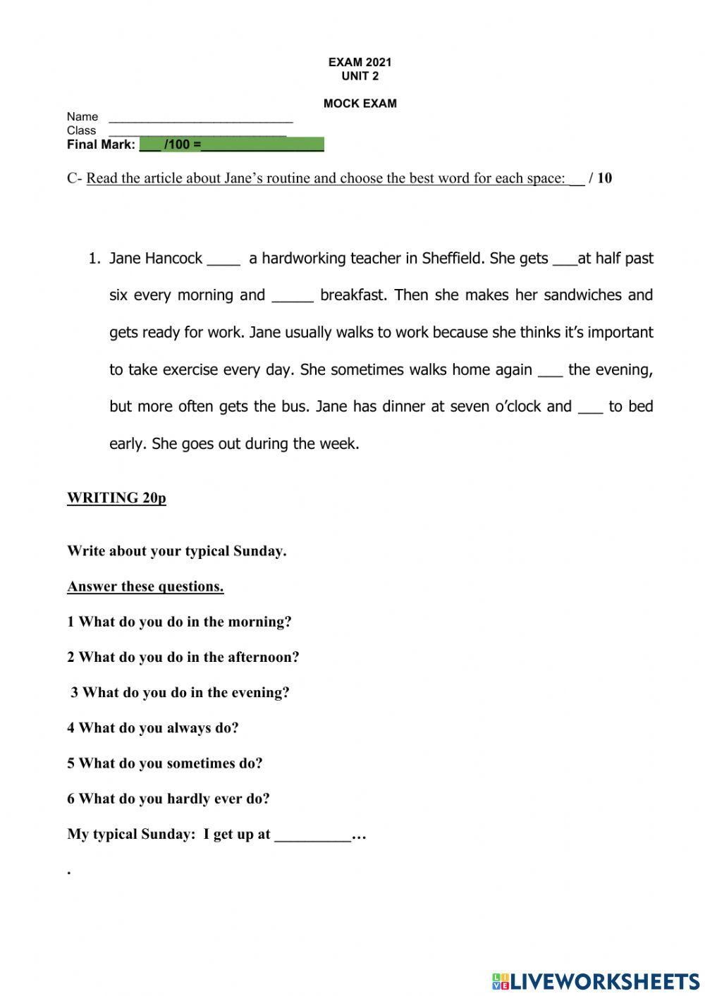 MOCK EXAM - UNIT 2 Level 1 online exercise for | Live Worksheets