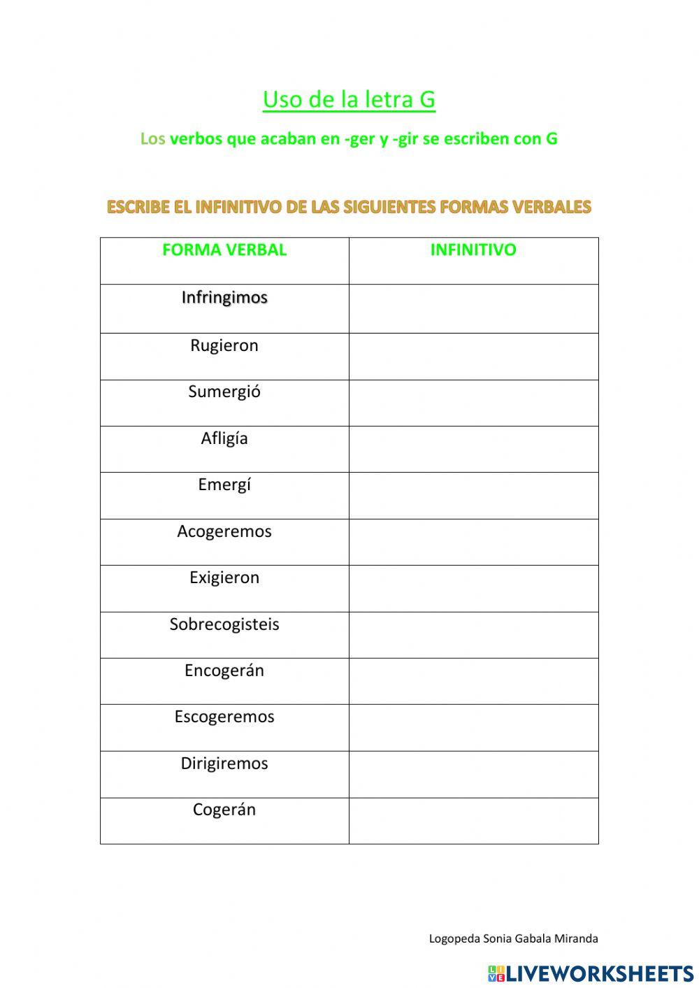 Verbos acabados en -ger, -gir | Live Worksheets