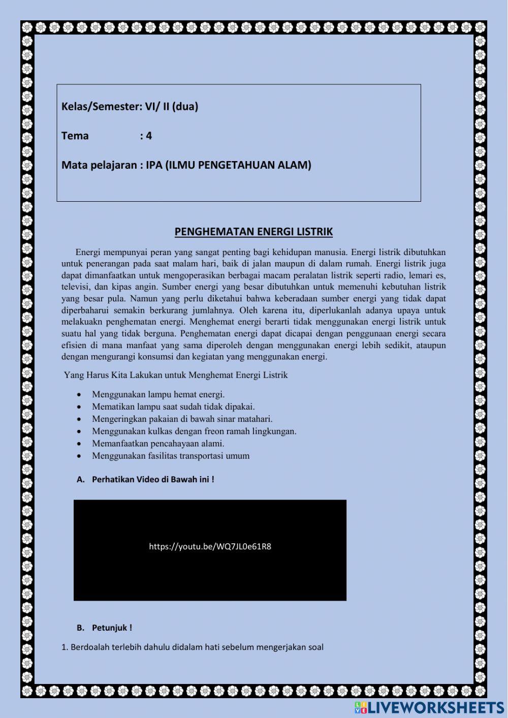 Penghemat energi listrik interactive worksheet | Live Worksheets