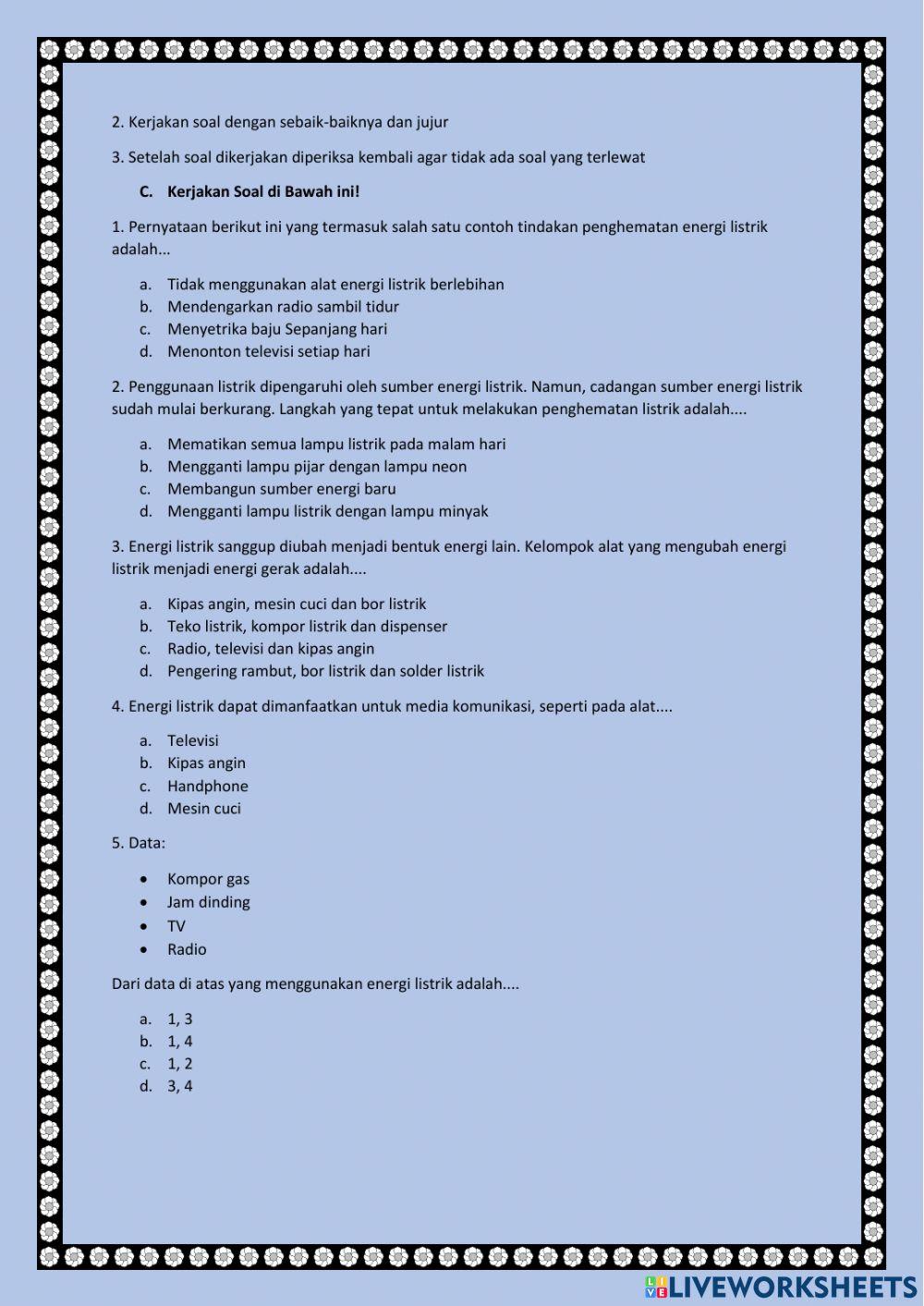 Penghemat energi listrik interactive worksheet | Live Worksheets