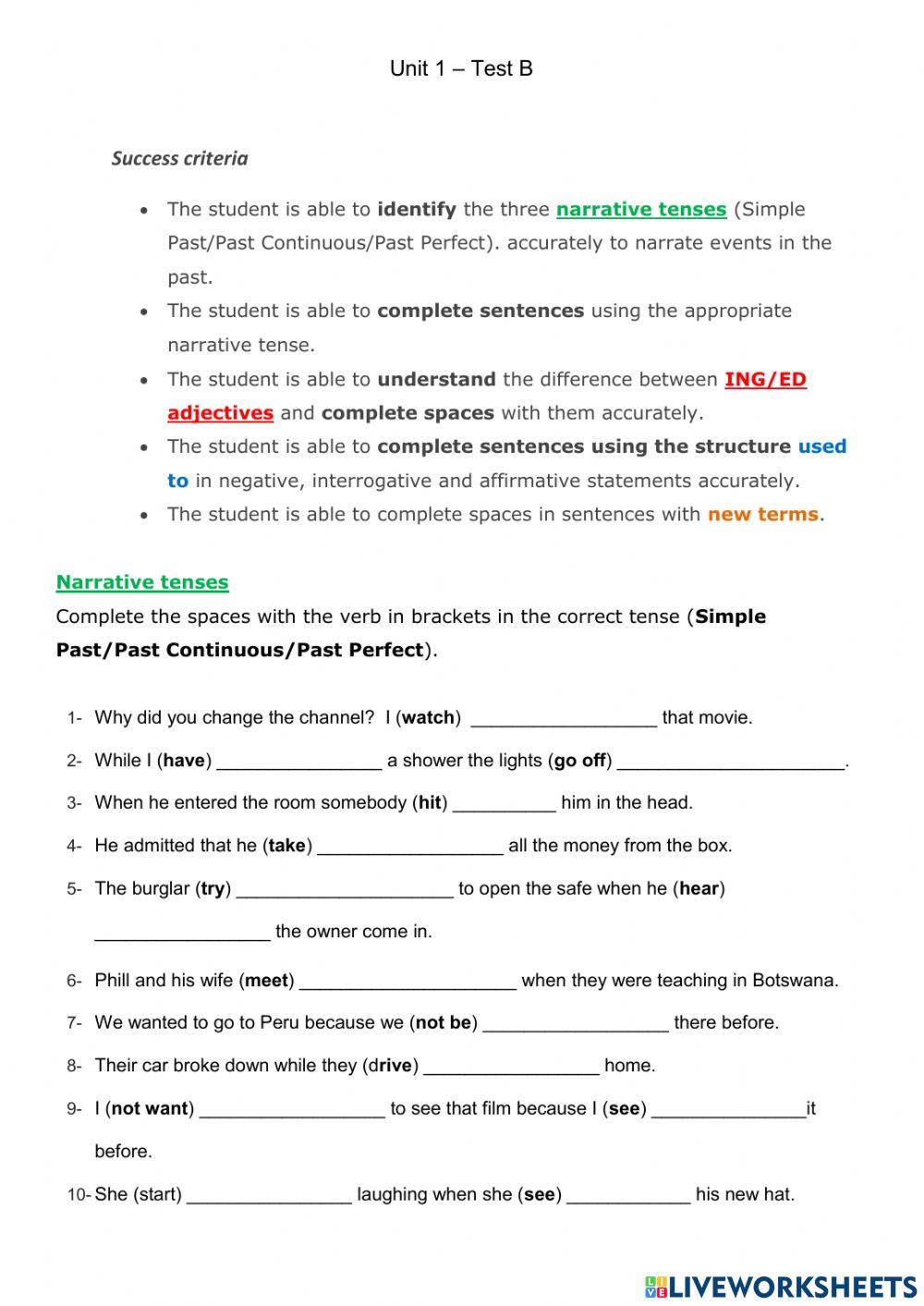 Test unit 1 - Narrative Tenses, Past Habits, Past Tenses, Vocabulary ...