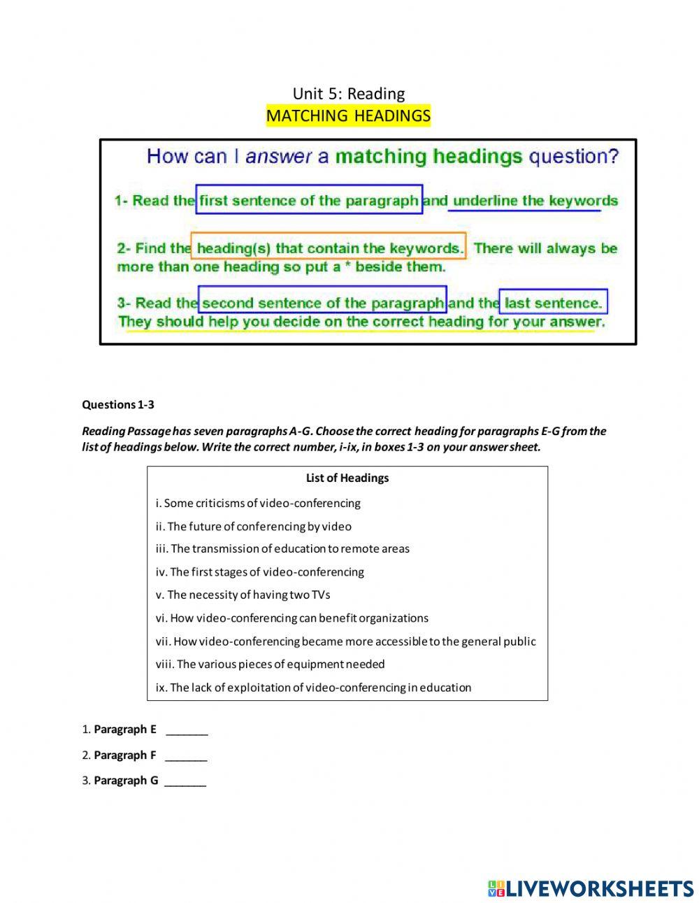 unit 5, reading, matching headings, video conferencing online exercise ...