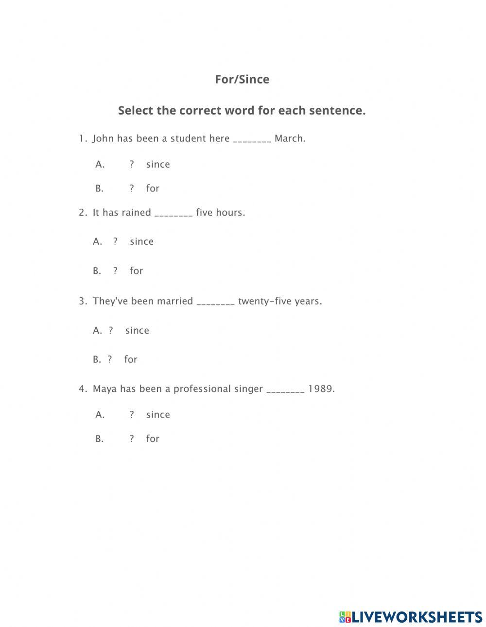 Since and for online exercise | Live Worksheets