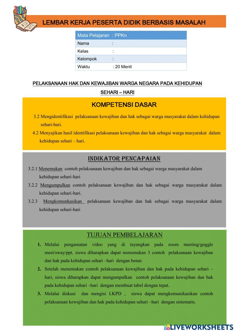 LKPD pelaksanaan hak dan kewajiban worksheet | Live Worksheets