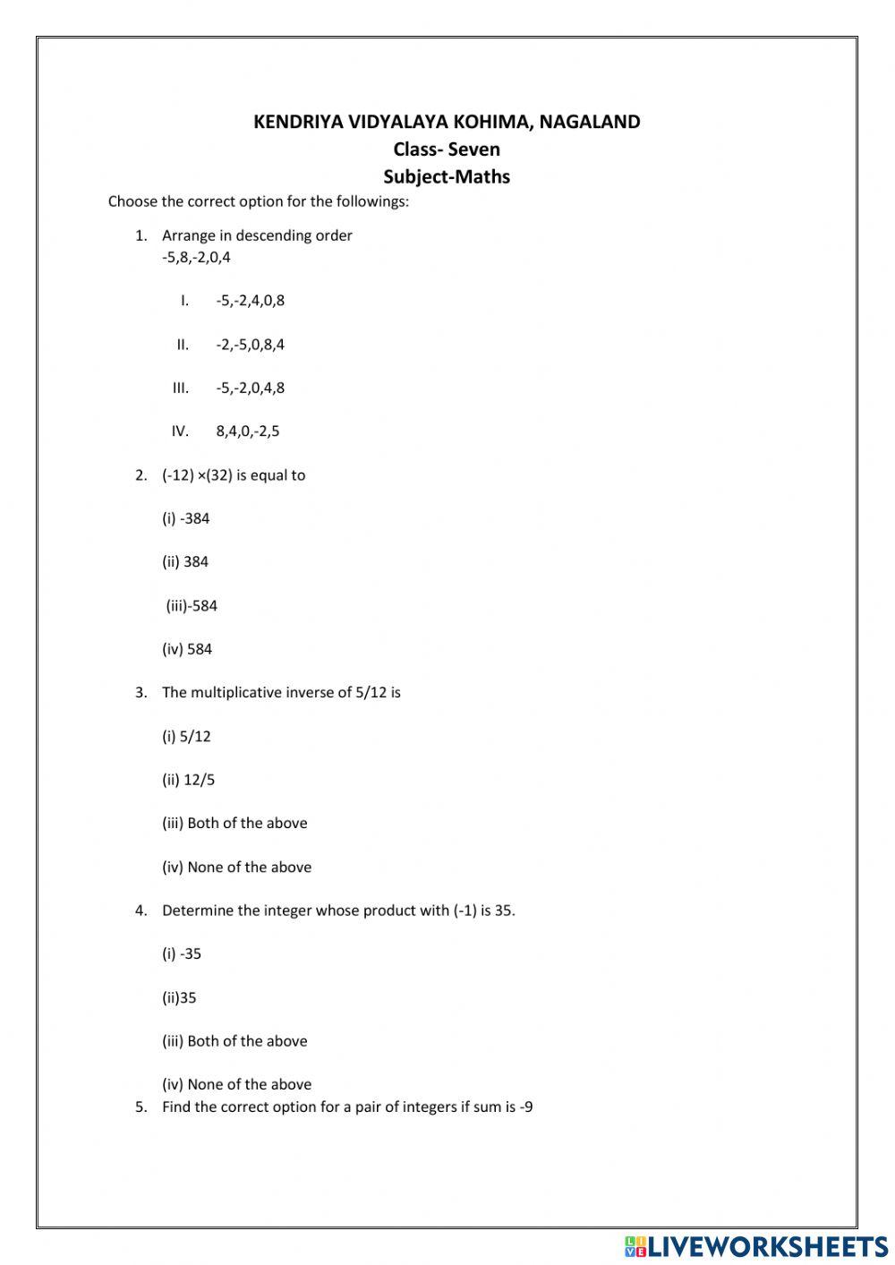 infoatjk | Integers 967057 | LiveWorksheets