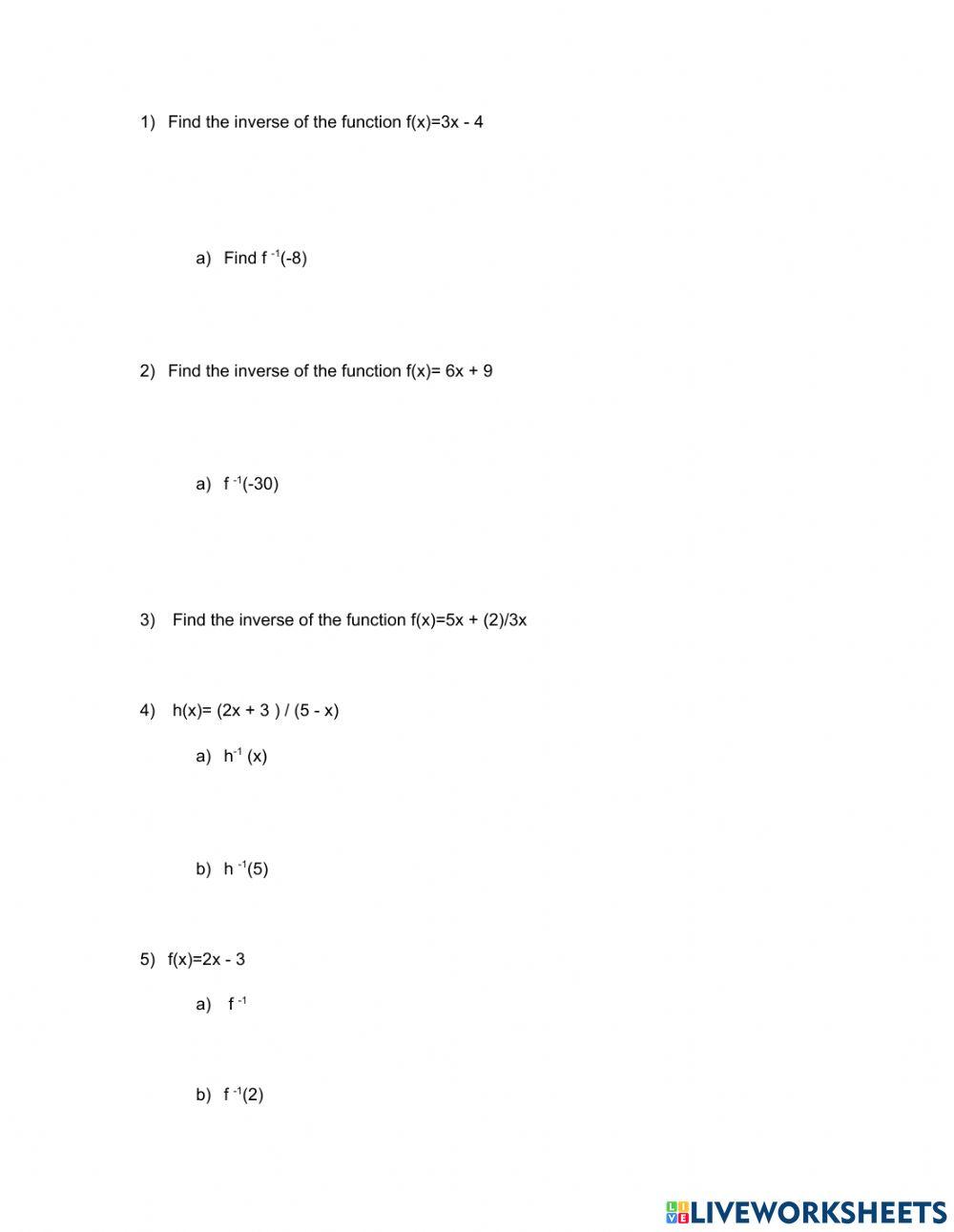 INVERSE OF A FUNCTION WORKSHEET online exercise for | Live Worksheets