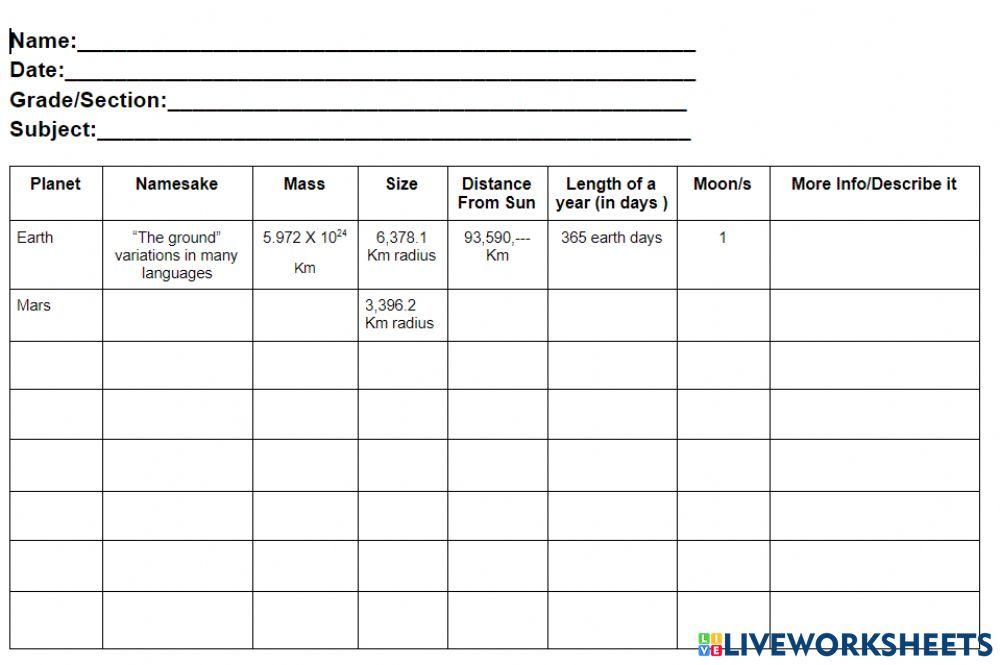 Planets online worksheet for Grade 4 & 5 | Live Worksheets