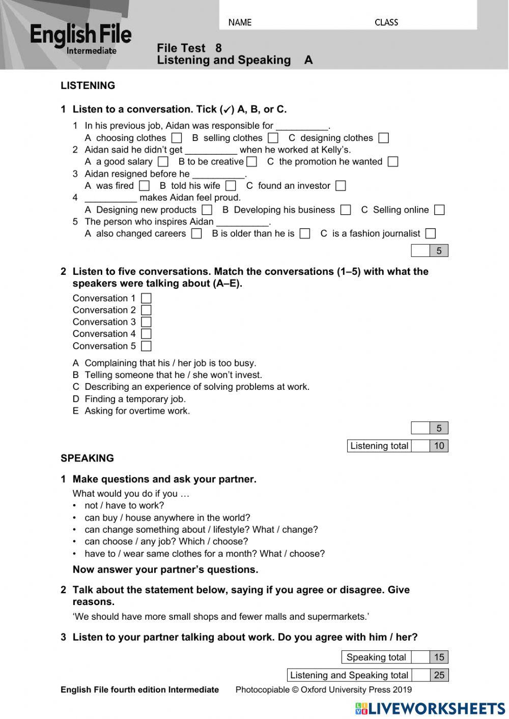 English File Intermediate unit 8 test online exercise for | Live Worksheets