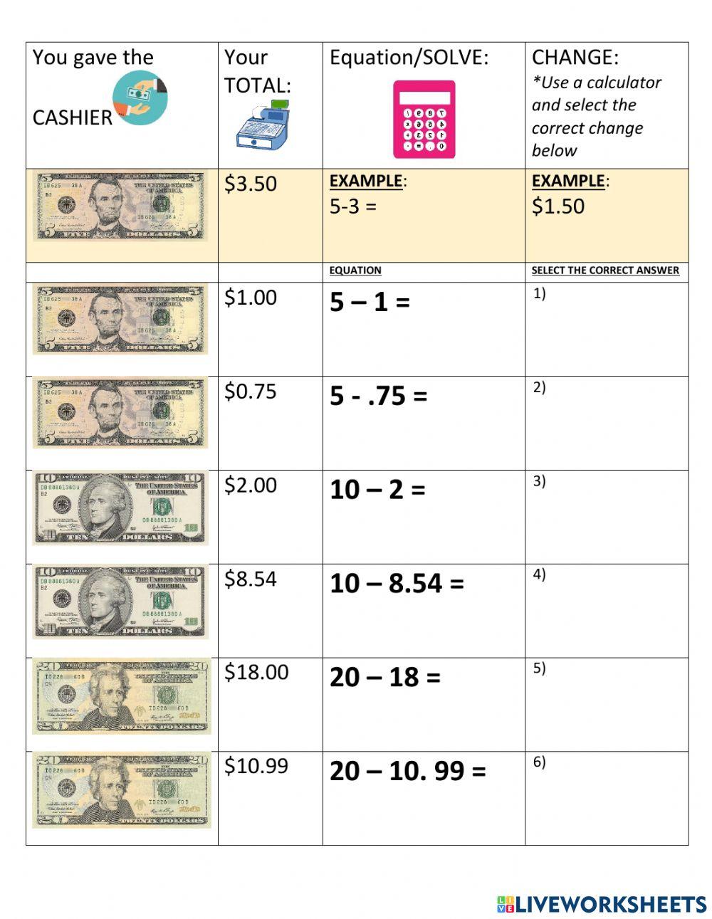 Calculating Change M 5.3.21 worksheet | Live Worksheets