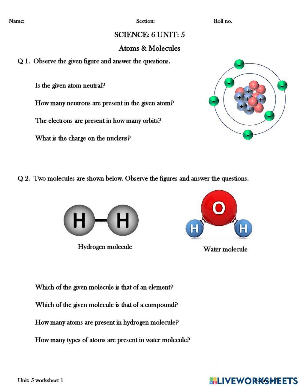 Class 6 Unit 5 atoms online exercise for | Live Worksheets